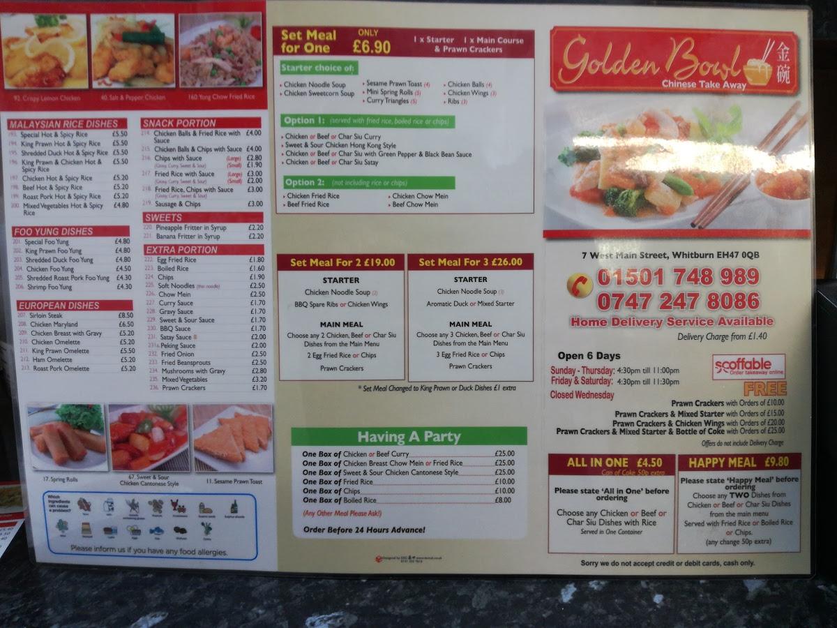 Menu at Golden Bowl Chinese restaurant, Bathgate