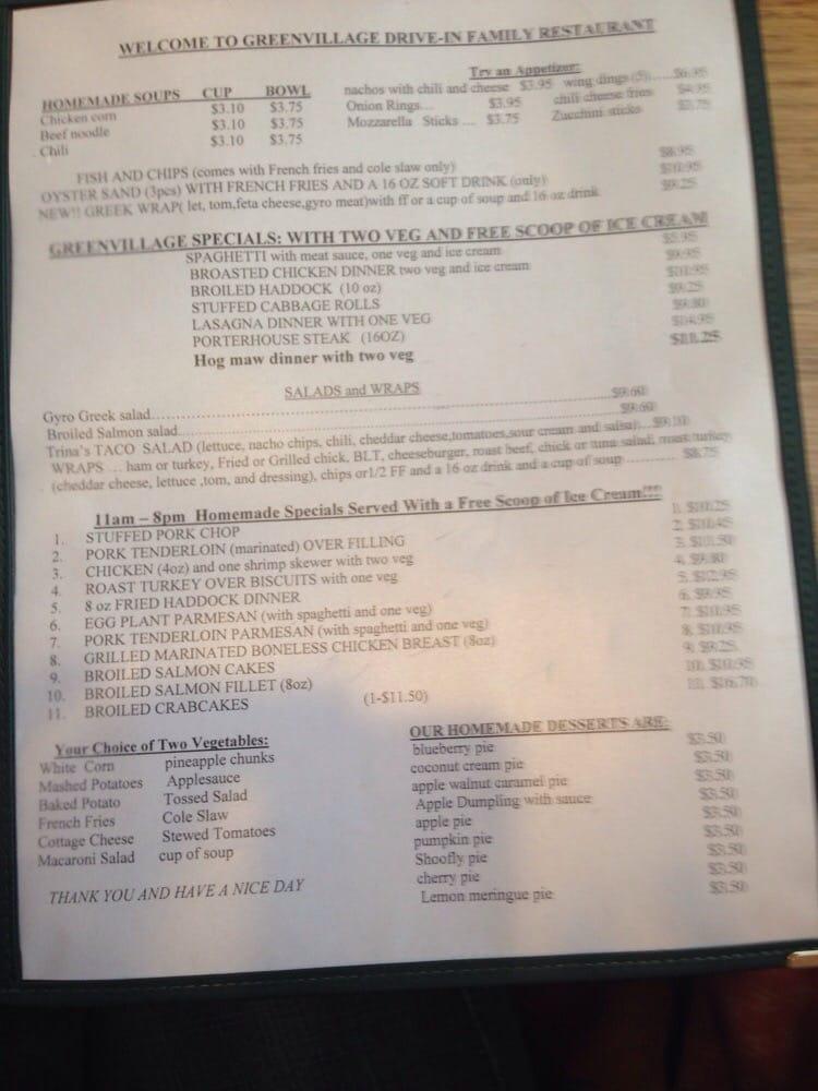 Menu at Greenvillage Drive-In Family Restaurant, Chambersburg