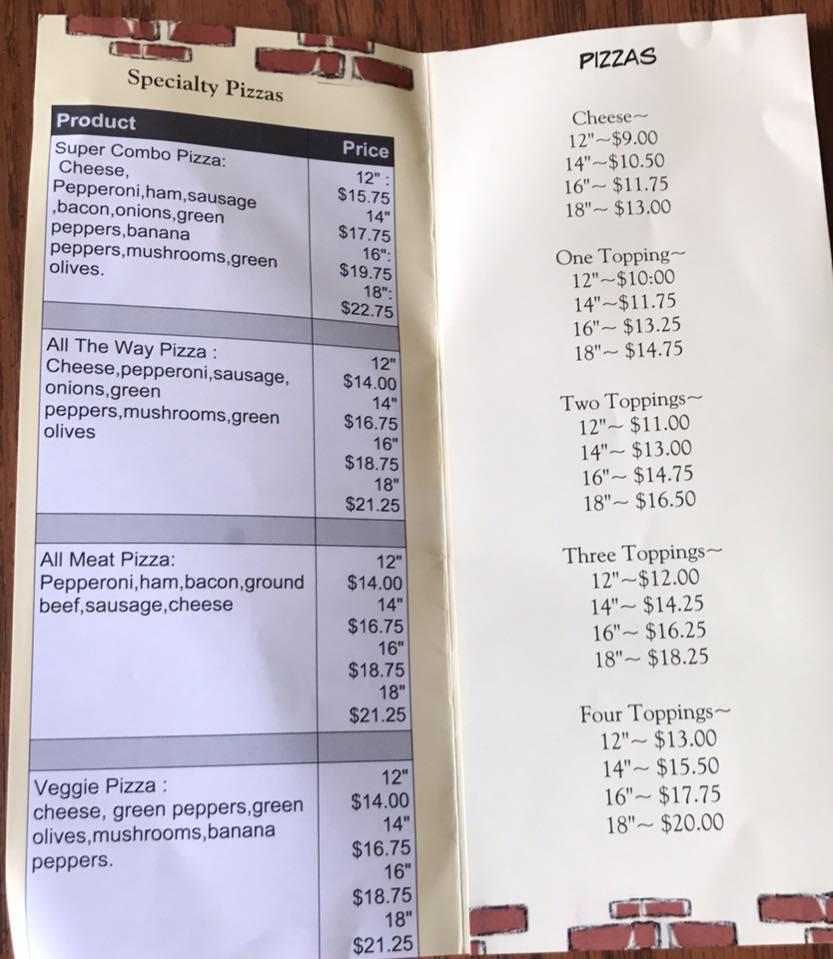 Menu at Paps Pizza restaurant, Tarlton