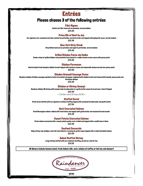 Menu at Raindancer Restaurant, Amsterdam, State Highway 30