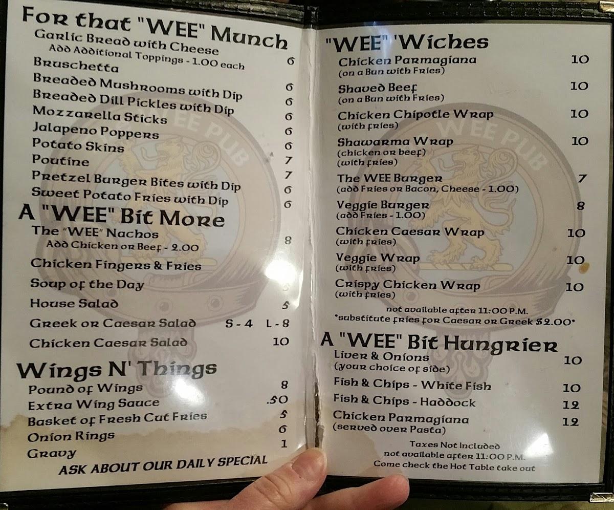 Menu at The Wee Pub, Oshawa, 361 Wilson Rd S