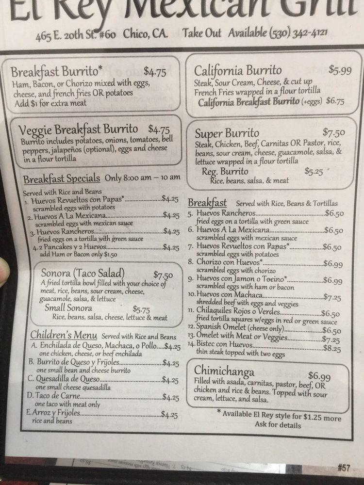 Menu at El Rey Méxican Grill restaurant, Chico