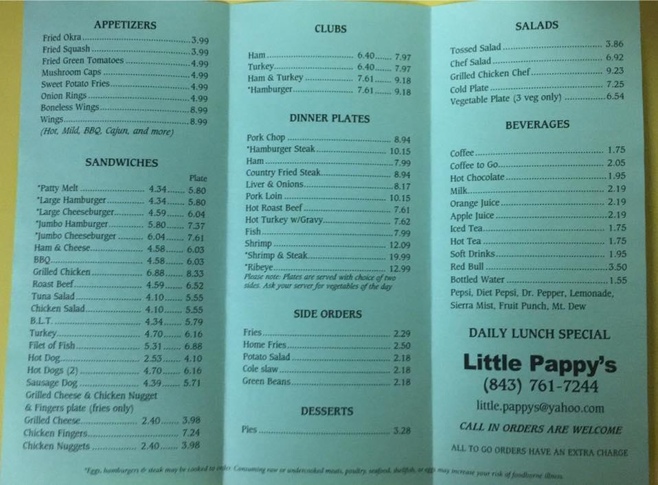 Menu at Pappy's Jr restaurant, Moncks Corner
