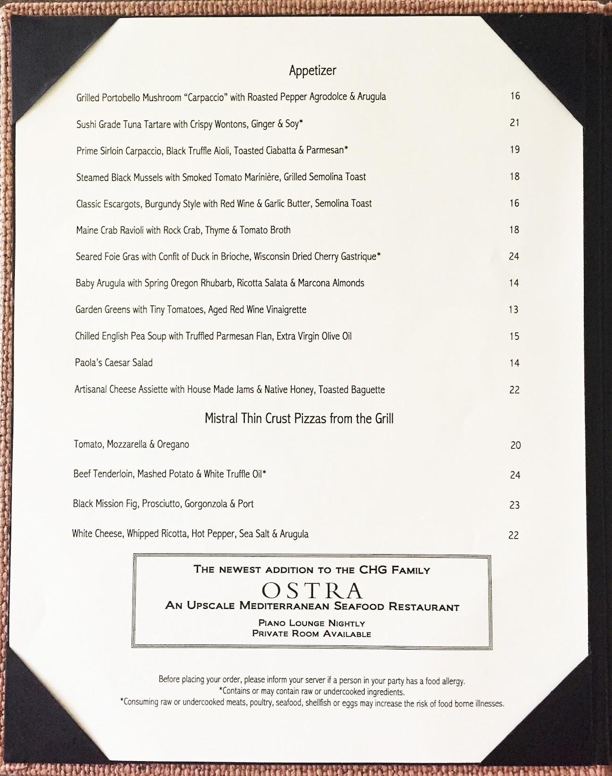 Menu at Mistral restaurant, Boston