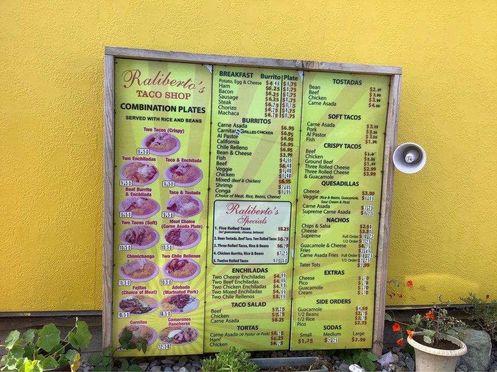 Menu at Raliberto's Taco Shop restaurant, Crescent City, 523 M St