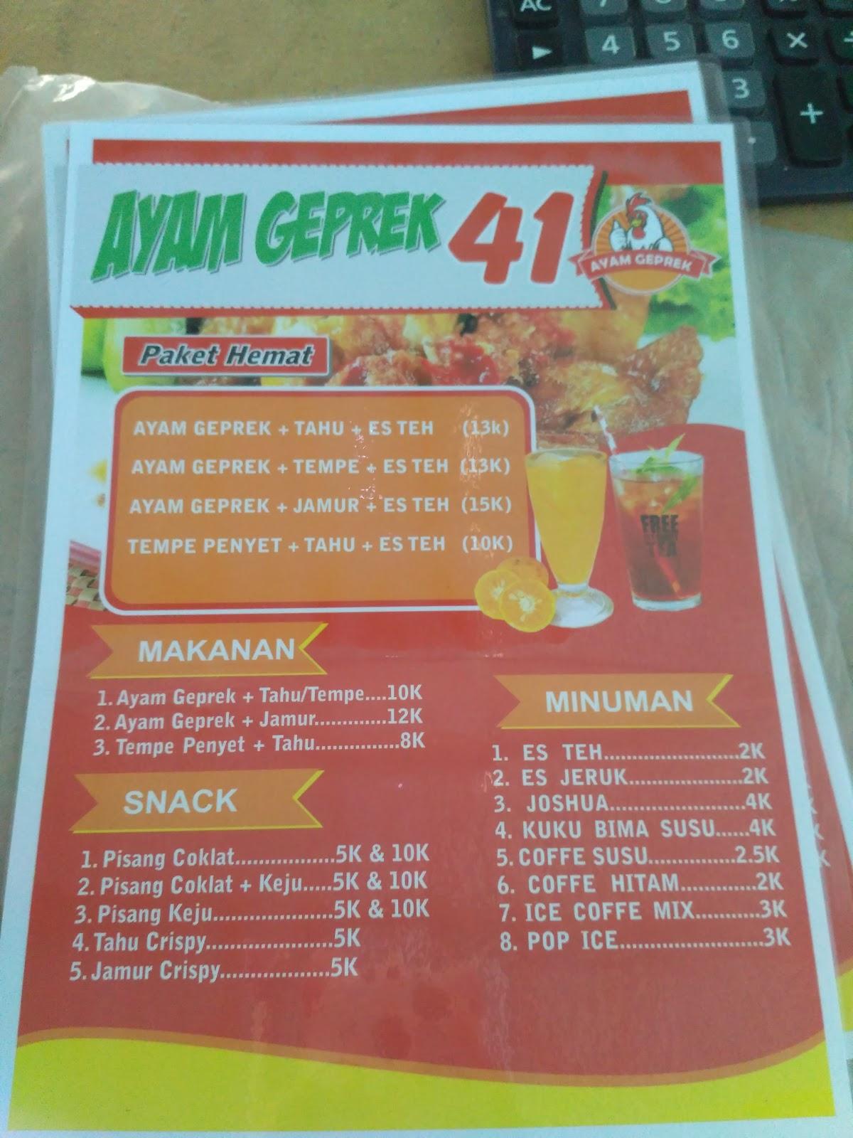 Menu at Ayam Geprek 41 restaurant, Jajag