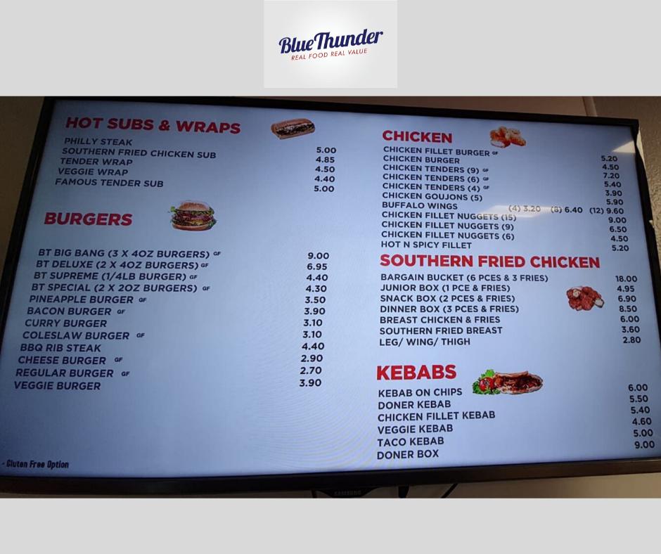 Menu at Blue Thunder fast food, Westport
