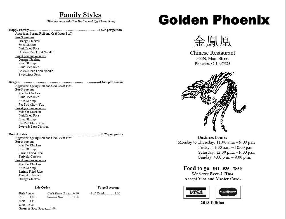 Menu at Golden Phoenix Chinese Restaurant, Phoenix