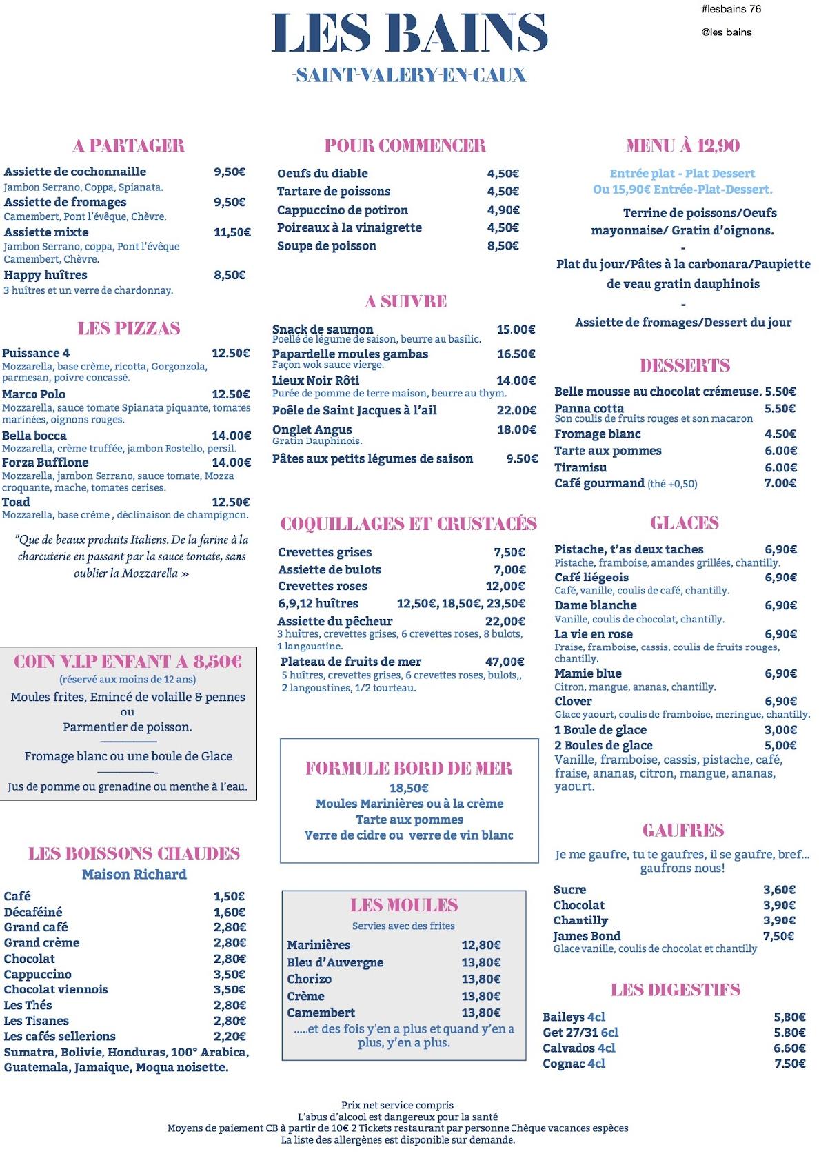 Menu au Brasserie Les Bains restaurant, Saint-Valery-en-Caux