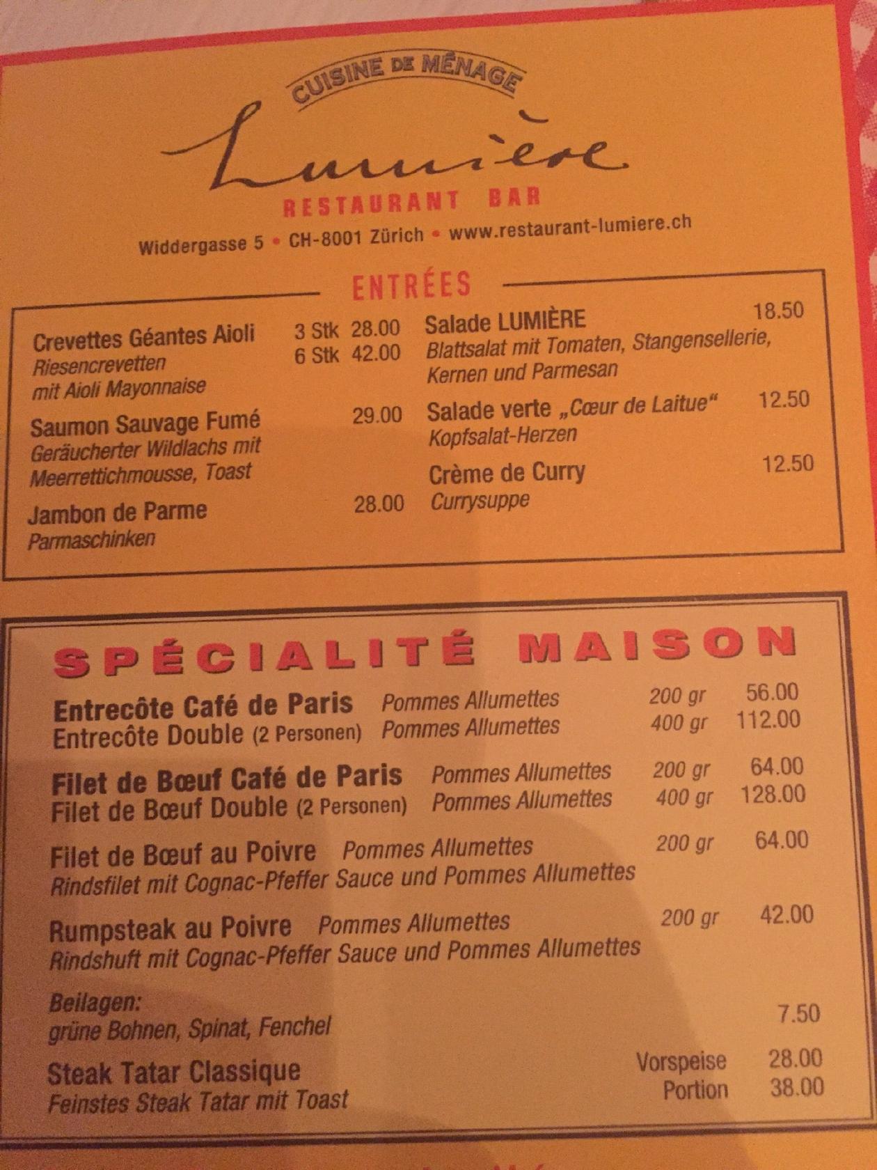 Speisekarte von Restaurant Lumière, Zürich