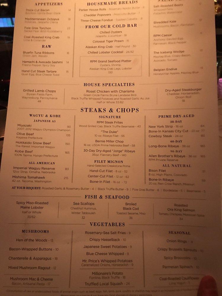 Menu at RPM Steak pub & bar, Chicago