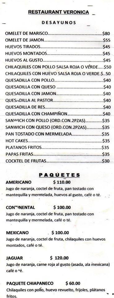 Carta de Restaurante Verónica, Chiapa de Corzo