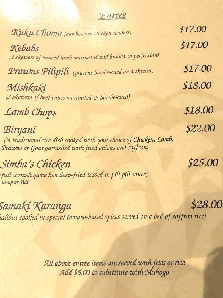 Menu at Simba's Grill restaurant, Burnaby, Boundary Rd