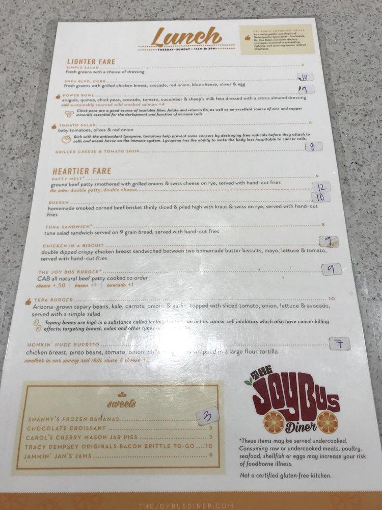 Menu at The Joy Bus Diner restaurant, Phoenix