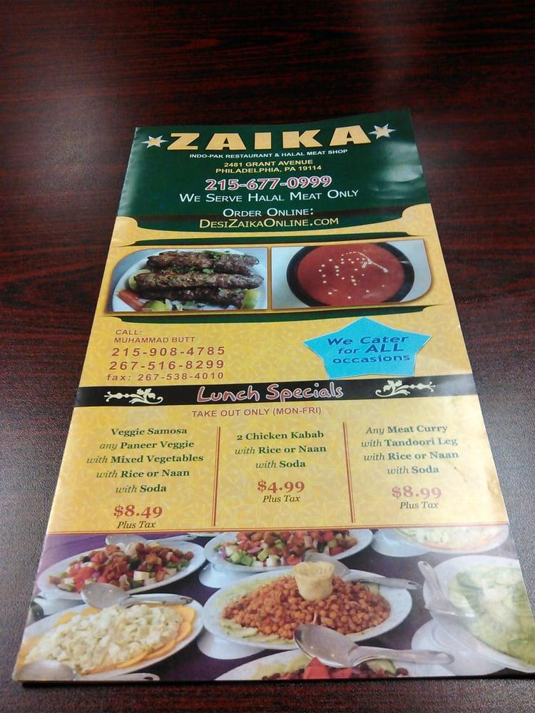 Menu at Zaika Pakistani restaurant, Philadelphia