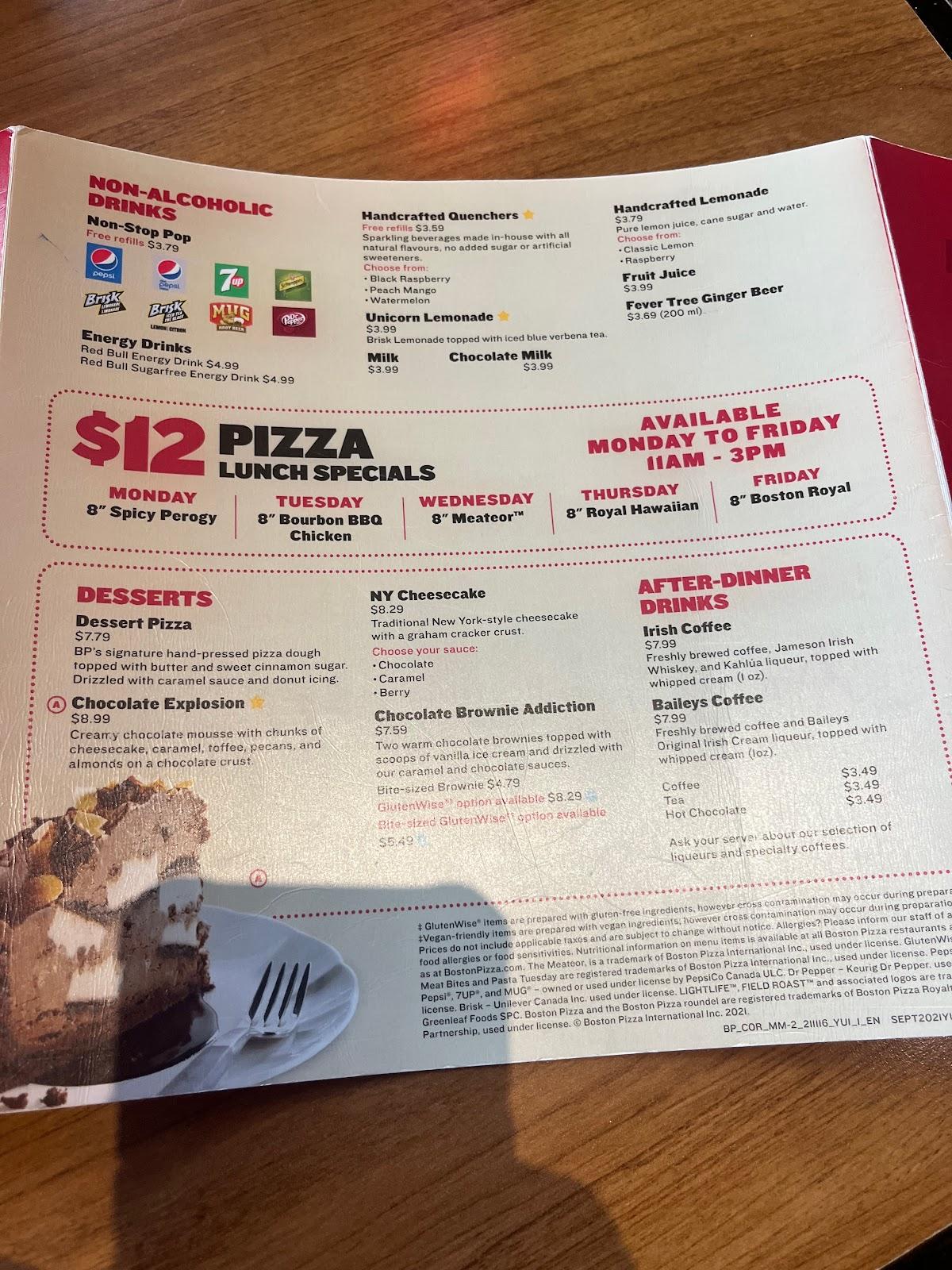 Menu at Boston Pizza pizzeria, Whitehorse
