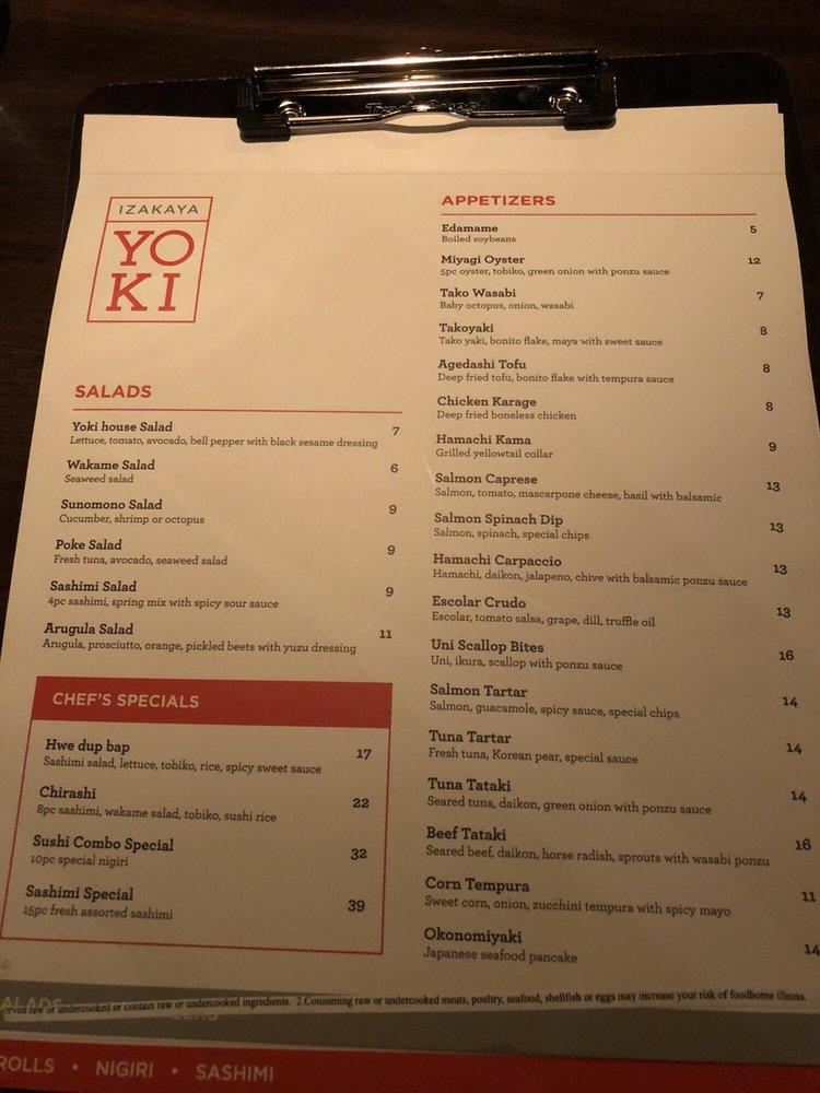 Menu at Izakaya Yoki restaurant, San Francisco
