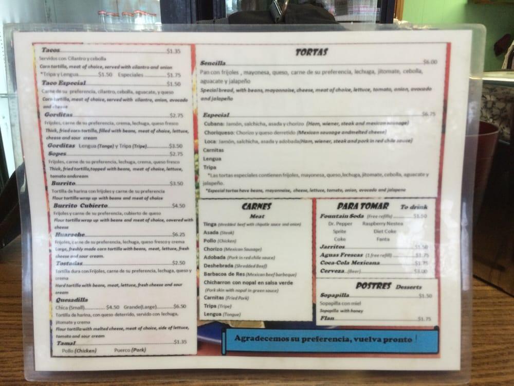Menu at Lalo's Taqueria restaurant, Joplin