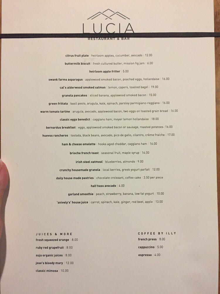 Menu at Lucia Restaurant & Bar, Carmel Valley, 415 W Carmel Valley Rd