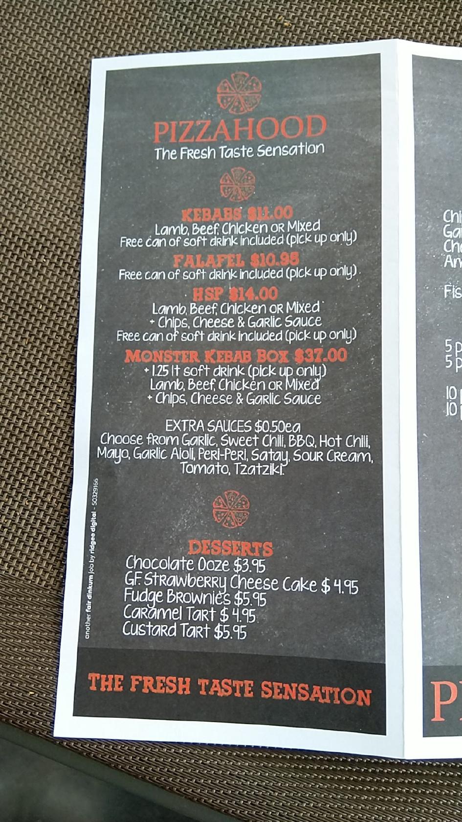 Menu at Pizzahood restaurant, Echuca