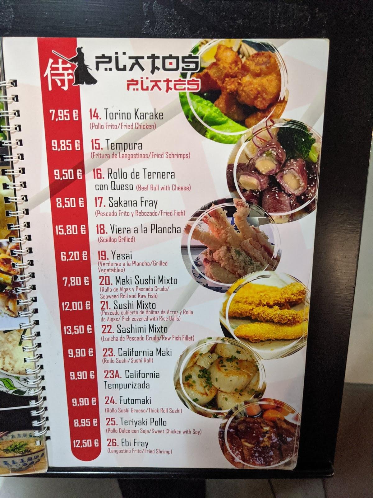 Carta del restaurante Samurai, Sevilla