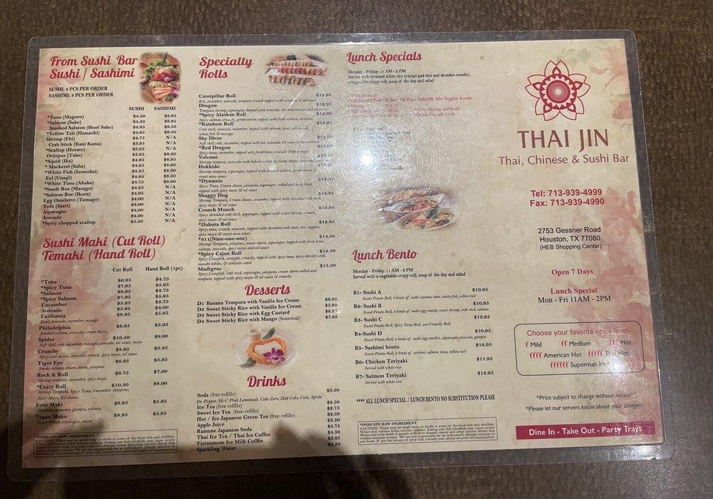 Menu at Thai Jin restaurant, Houston