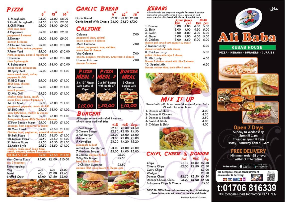 Menu at Ali Baba Kebab House fast food, Todmorden