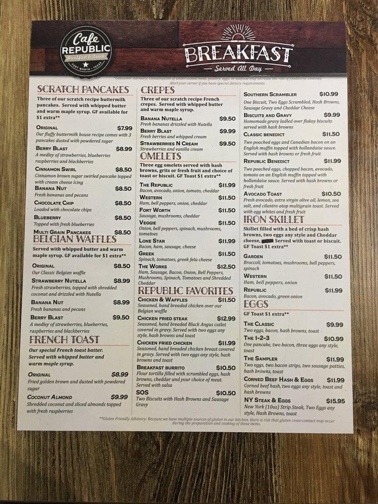 Menu at Cafe Republic, Fort Worth