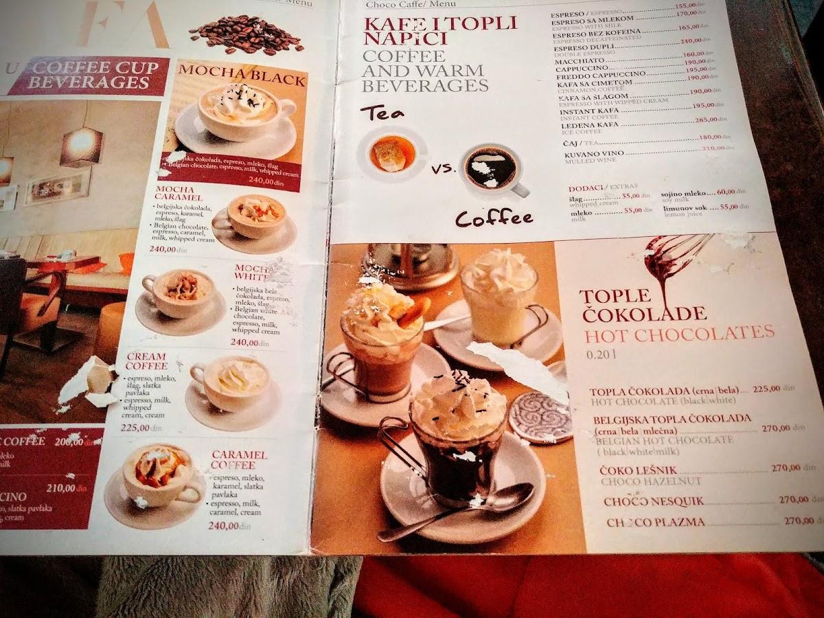 Menu at Choco Caffe cafe, Belgrade, Obilićev venac 30