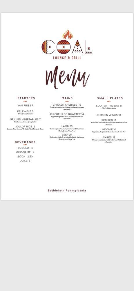 Menu at Coal Lounge and Gril restaurant, Bethlehem