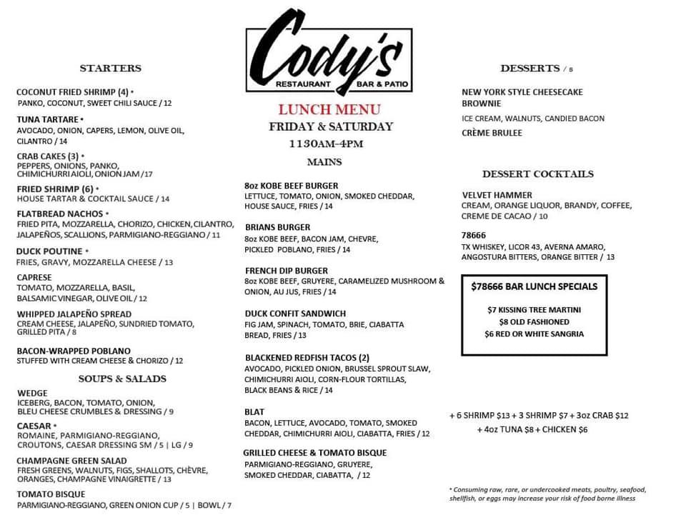 Menu at Cody's Restaurant Bar & Patio, San Marcos