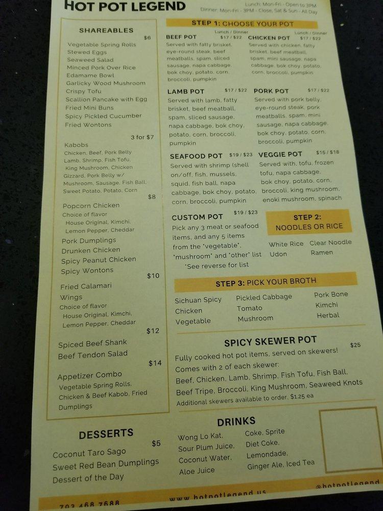Menu at Hot Pot Legend restaurant, Ashburn