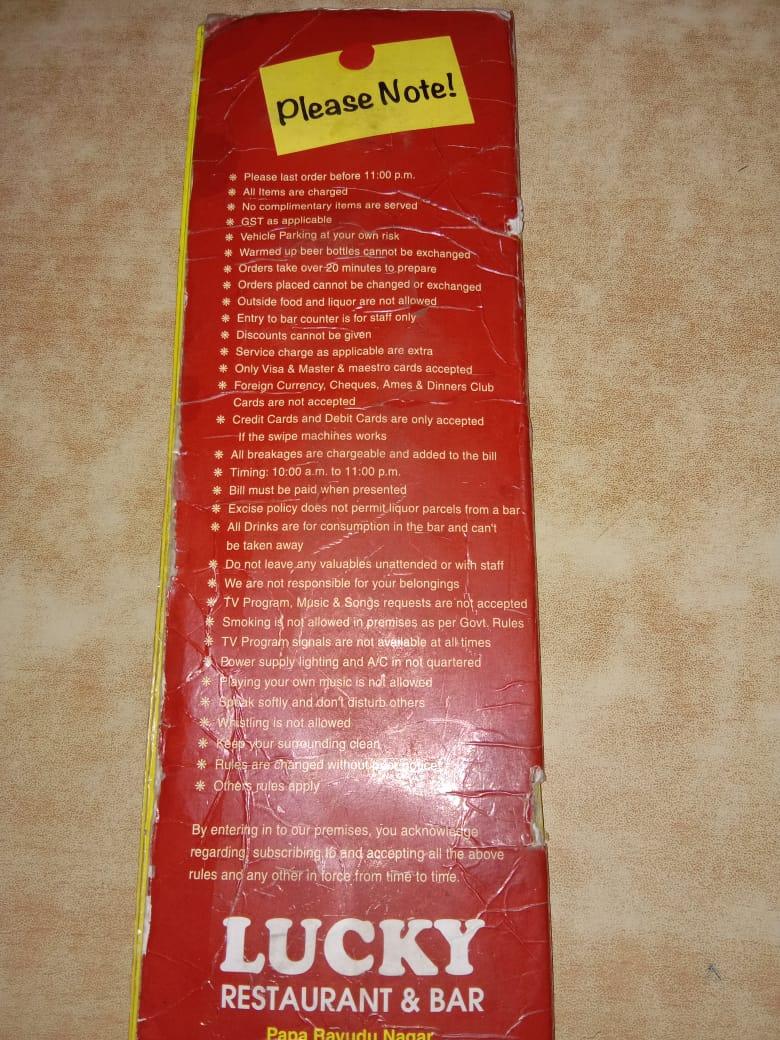 Menu at Lucky Bar, Hyderabad