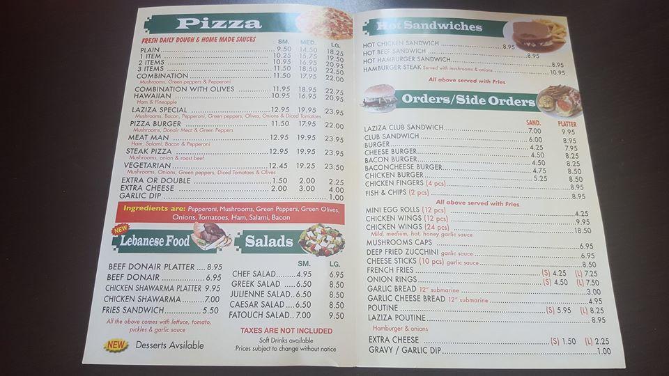 Carta del restaurante Laziza Pizza, Ottawa