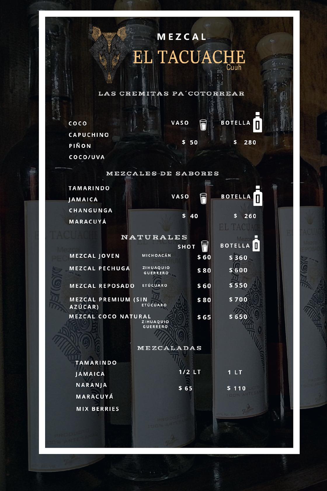 Menu at Mezcalería El Tacuache pub & bar, Tacámbaro de Codallos