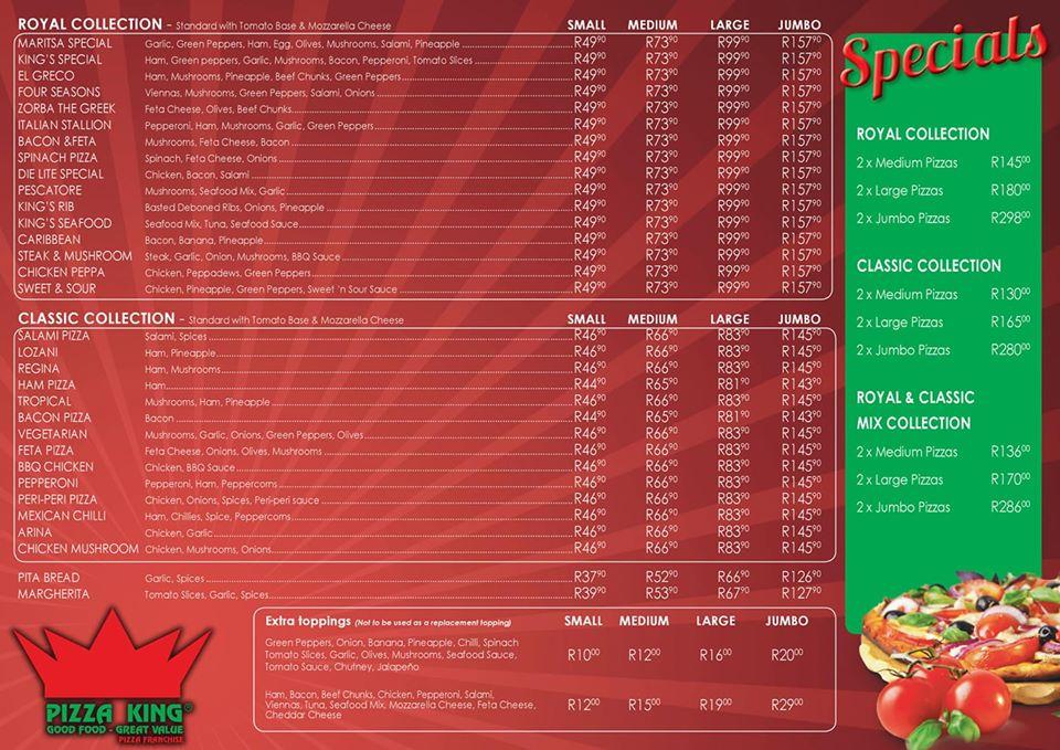 Menu at Pizza King restaurant, Kimberley
