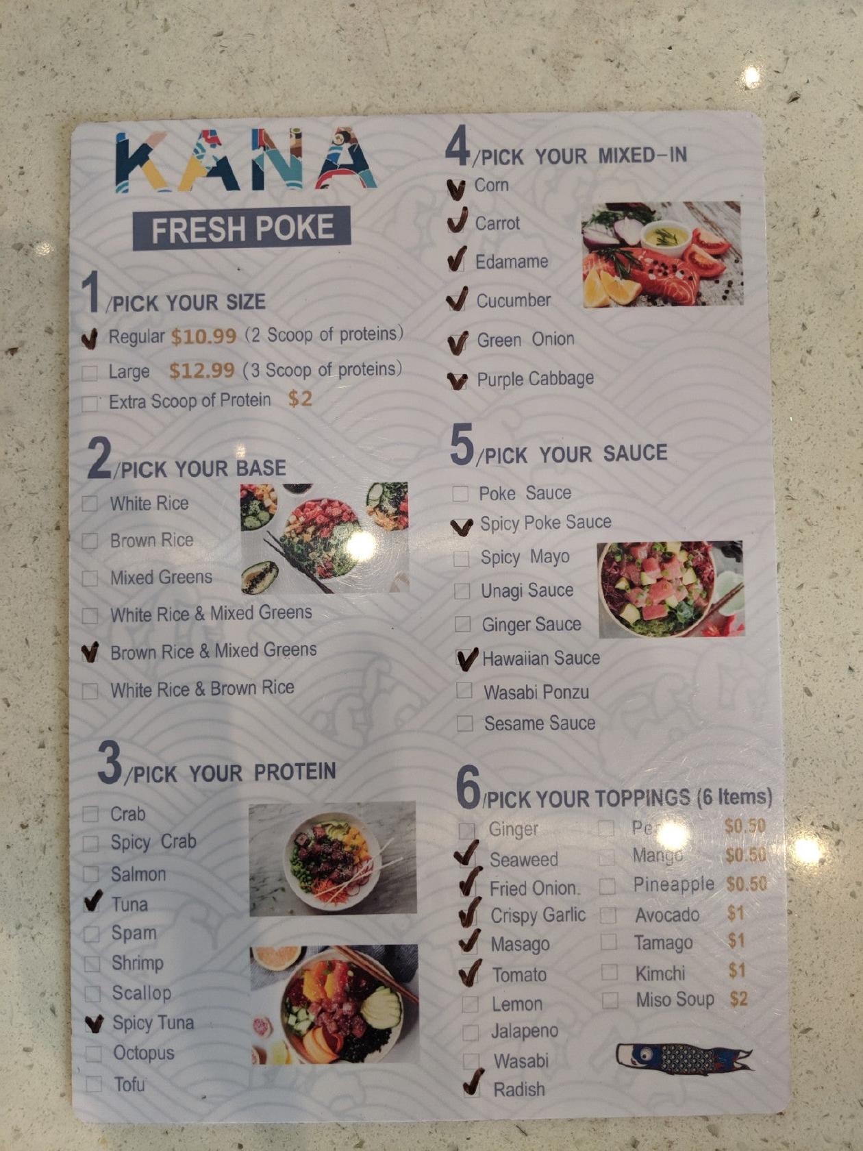 Menu at Poke Kana restaurant, San Francisco