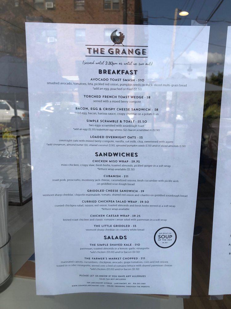 Menu at The Grange restaurant, Larchmont