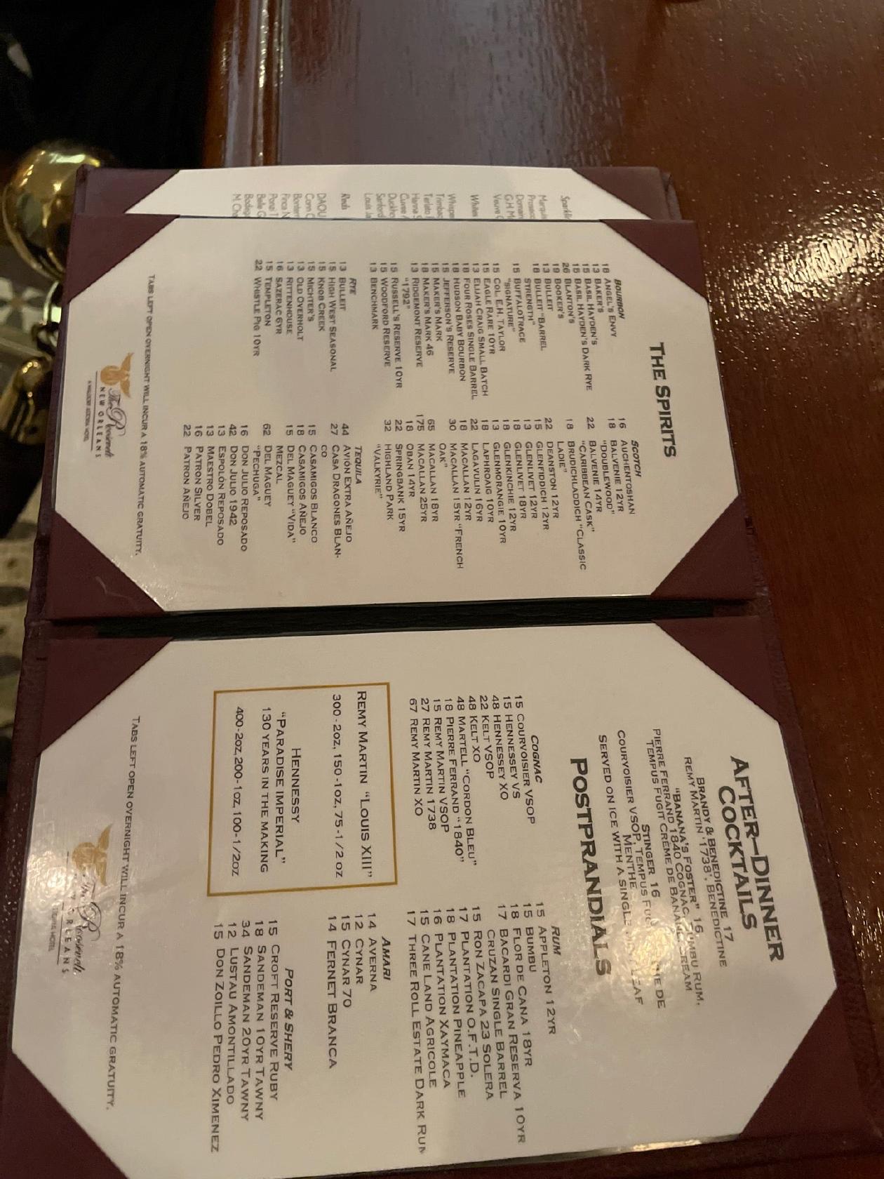 Menu at The Sazerac Bar, New Orleans