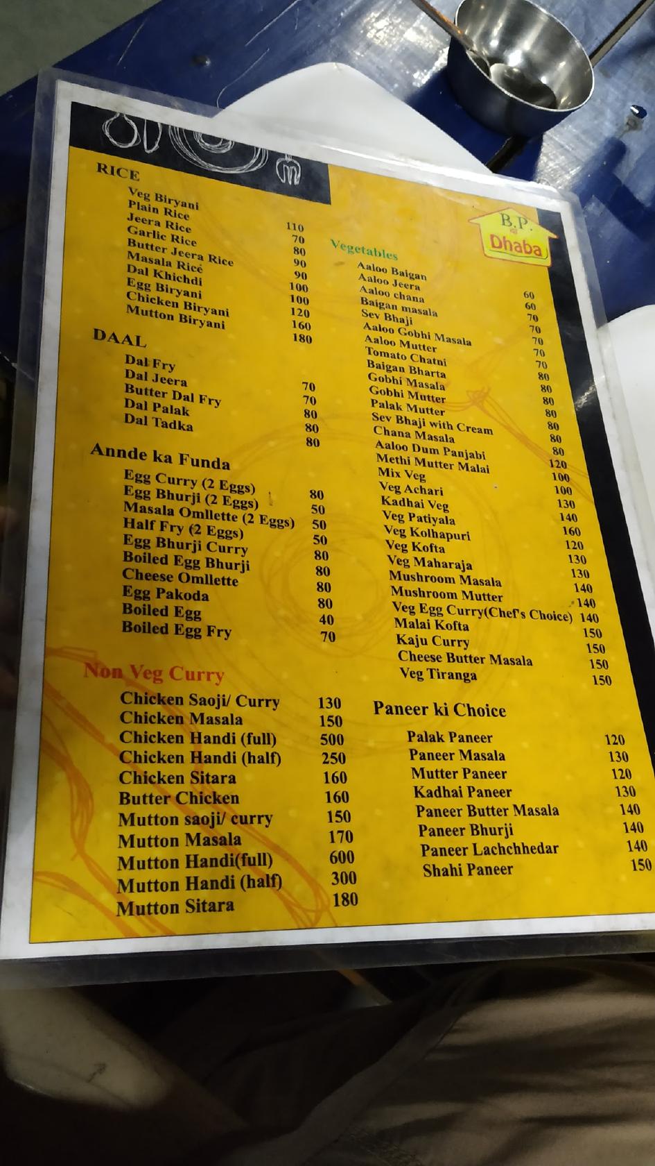 Menu at BP Da dhaba, India