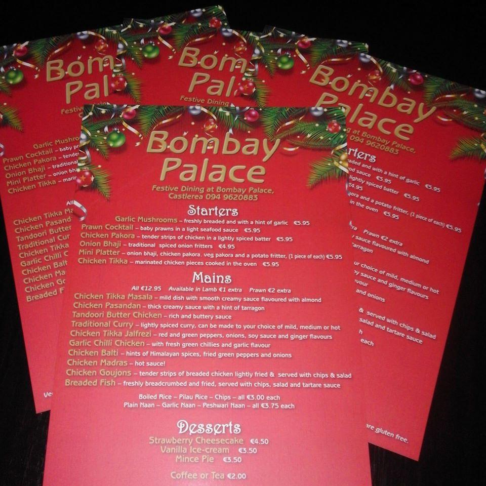 Menu at Bombay Palace restaurant, Castlerea