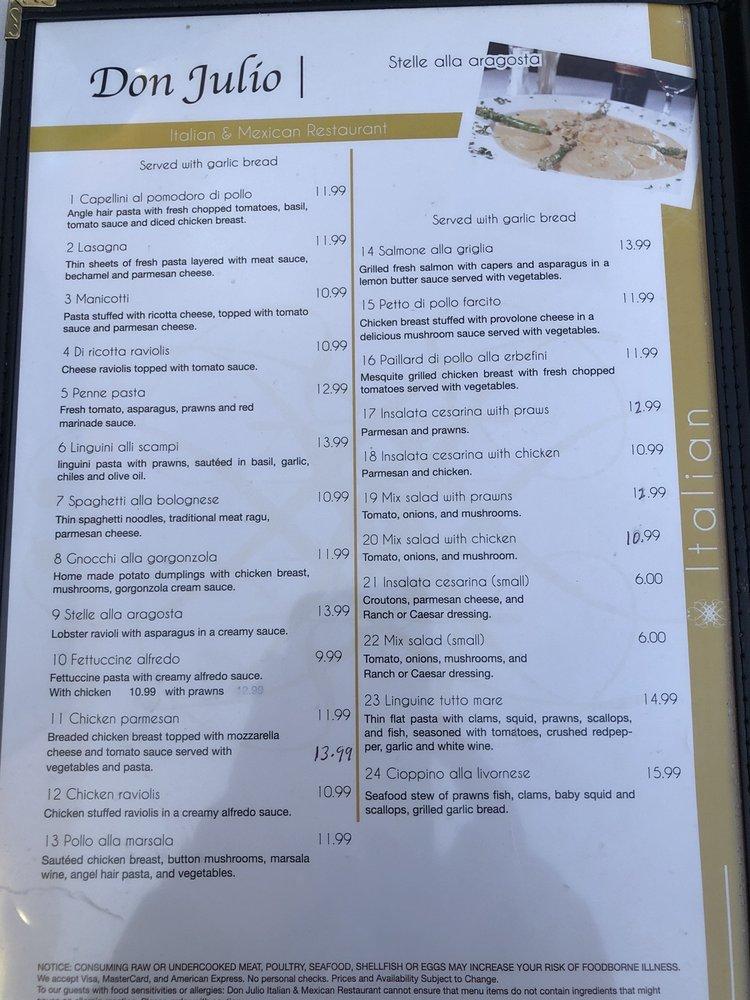 Menu at Don Julio restaurant, Fallon