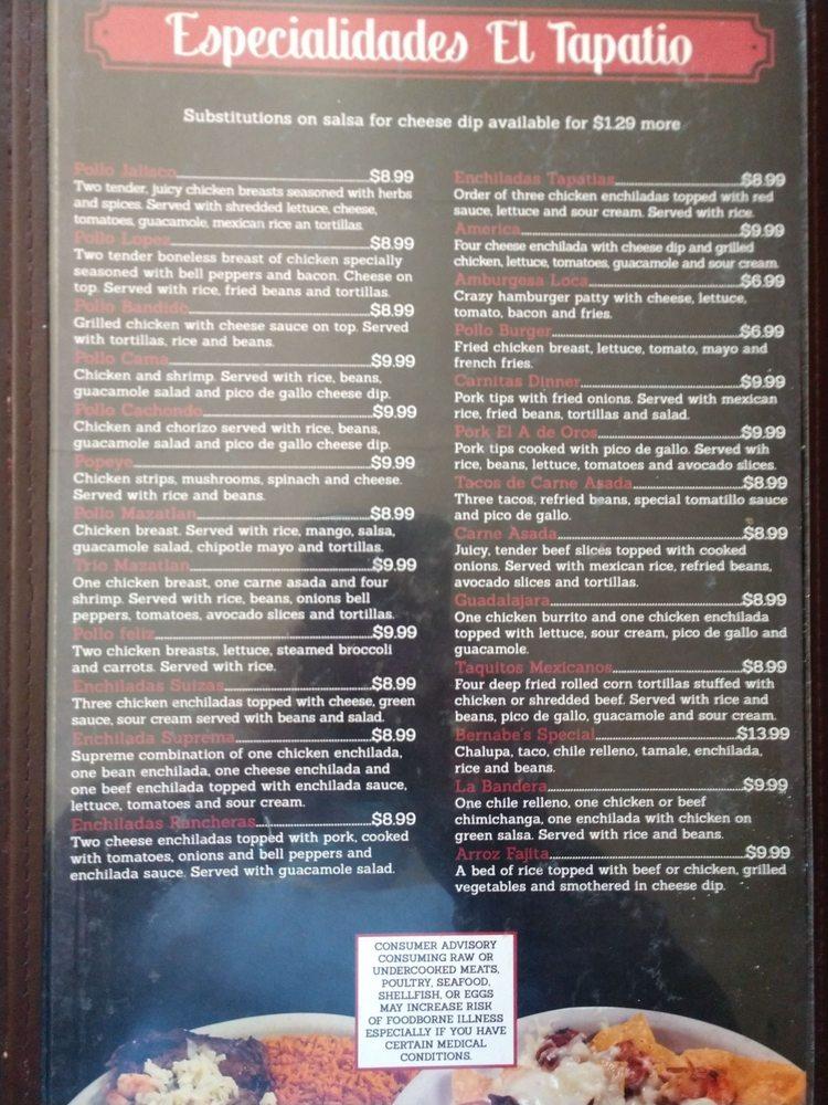 Menu at El Tapatio restaurant, Winner, SD-44