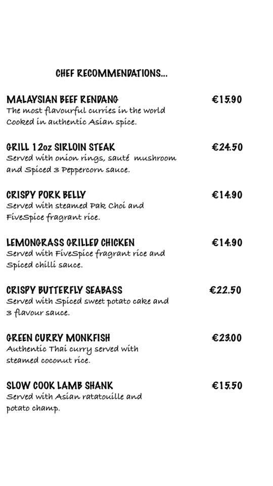 Menu at Five Spice Restaurant, Ireland