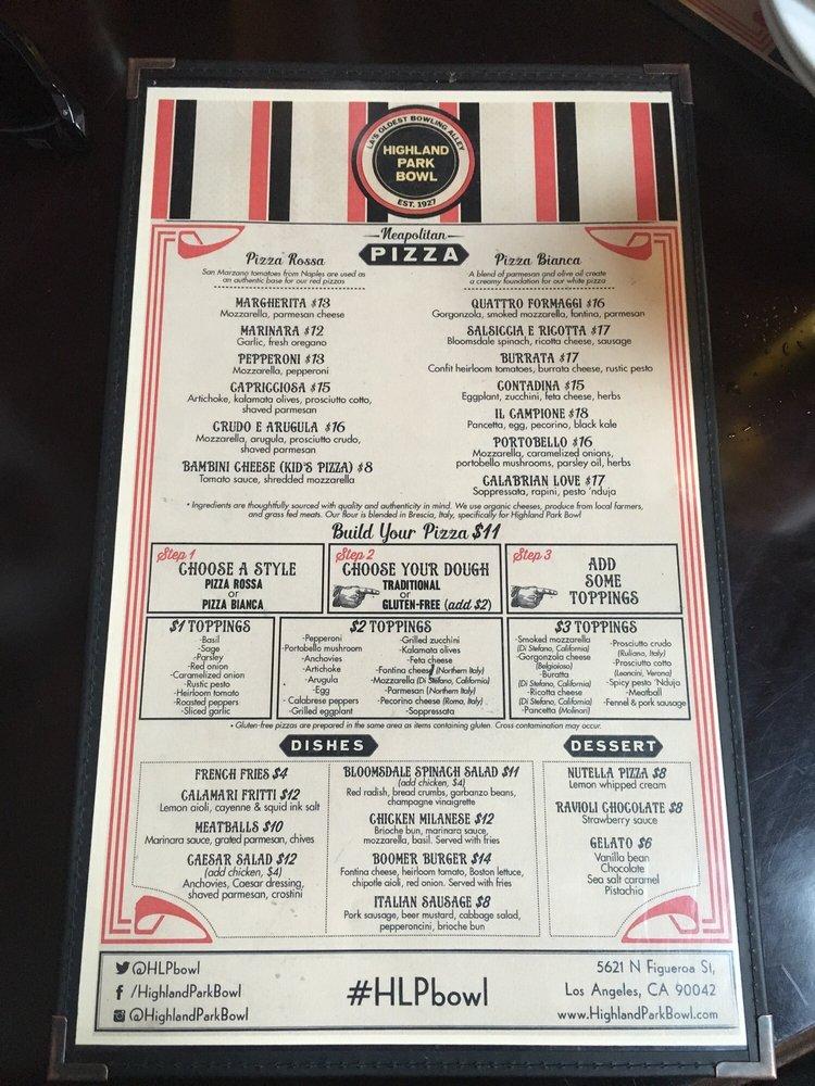 Menu at Highland Park Bowl pub & bar, Los Angeles