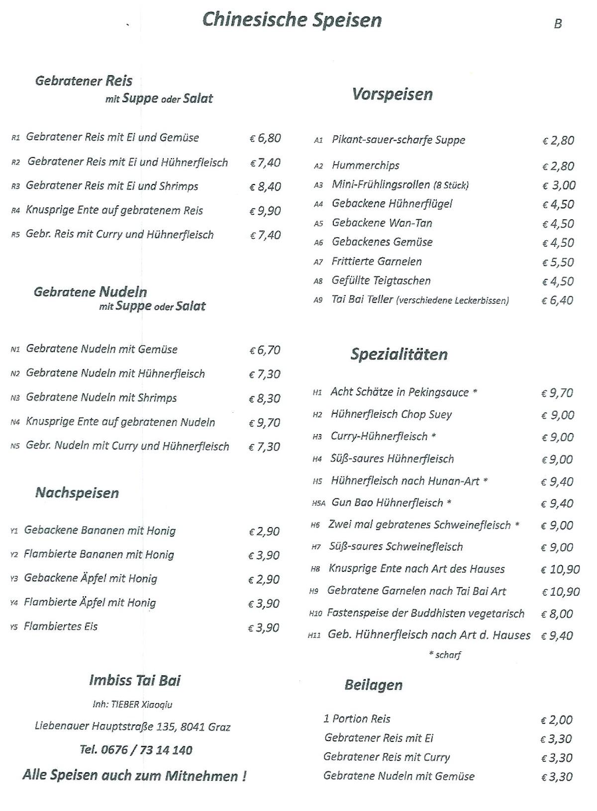 Speisekarte von IMBISS TAI BAI restaurant, Graz