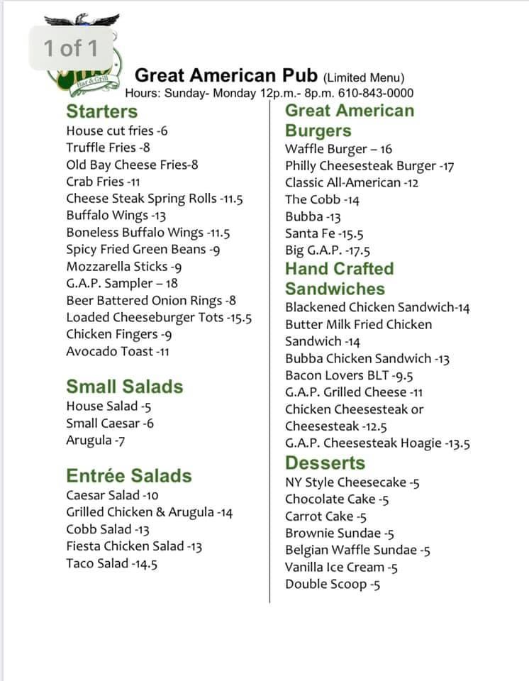 Menu at Great American Pub Paoli/Malvern, Paoli, 516 E King Rd