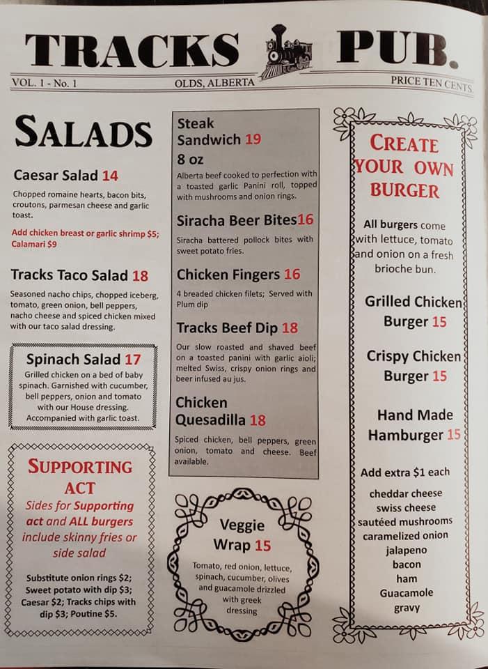 Menu at Tracks Pub, Olds