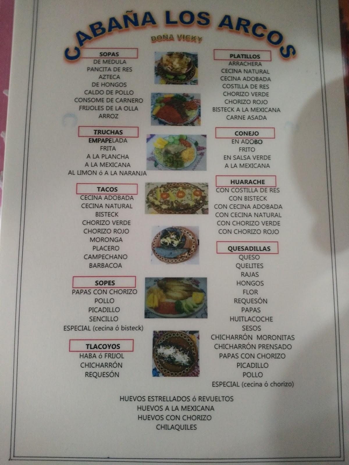 Menu at Cabaña Los Arcos Doña Vicky restaurant, La Marquesa