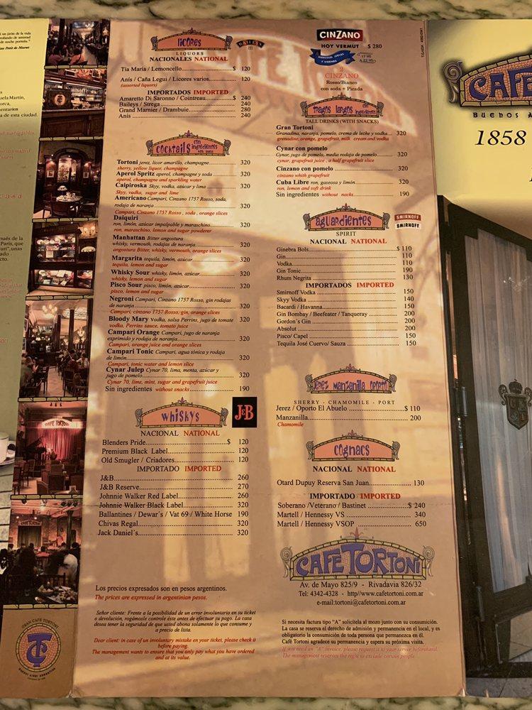 Menu at Café Tortoni, Buenos Aires, Av. de Mayo 825